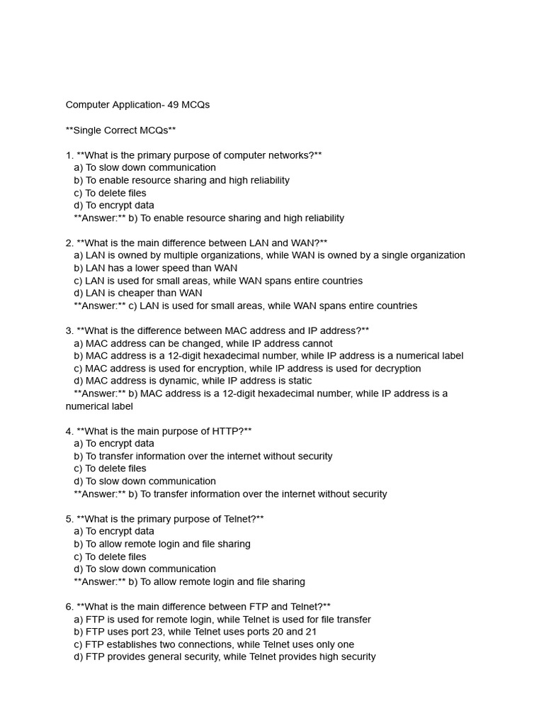 Computer Application 49 imp MCQs | PDF | File Transfer Protocol | World Wide Web