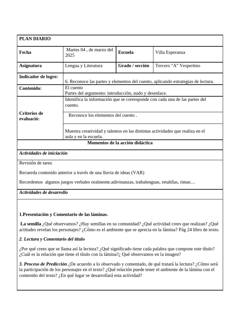 PLAN DIARIO, cuentos | PDF | Cuentos | Cognición