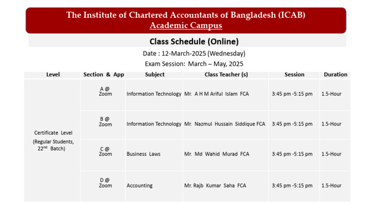 ICAB Online Class Schedule March 2025 | PDF