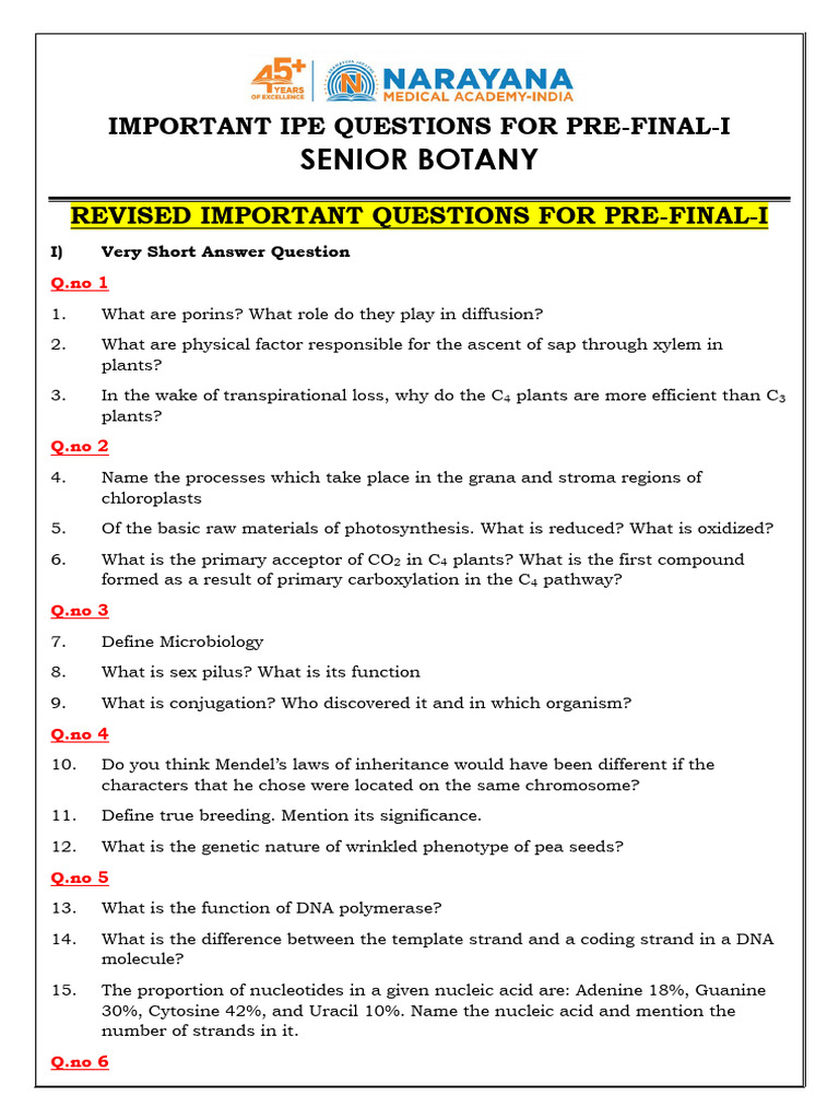 Revised SR Bipc Ipe Important Quesiton List Botany | PDF | Nucleic Acid ...