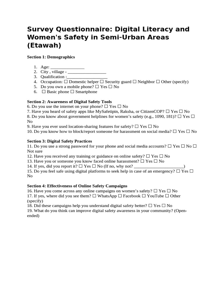 Digital Literacy & Women's Safety Survey | PDF