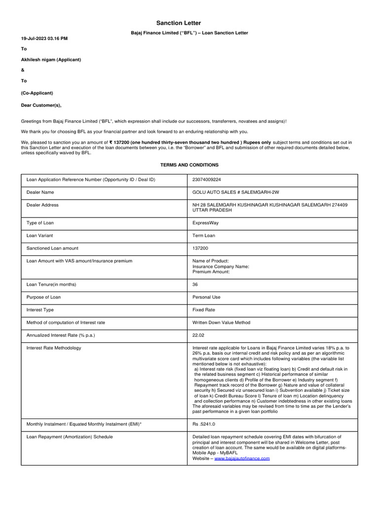 Bajaj Finance Loan Sanction Letter | PDF | Loans | Debt
