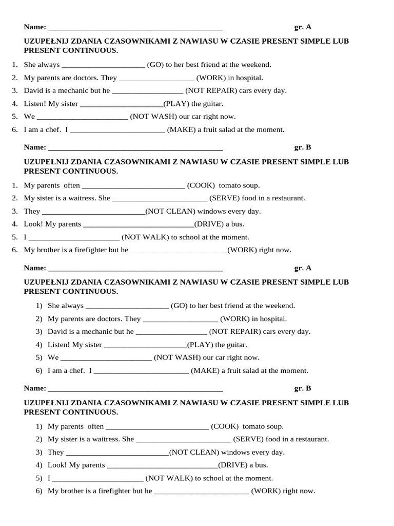 kartkówka present simple v continuous | PDF | Foods | Cuisine
