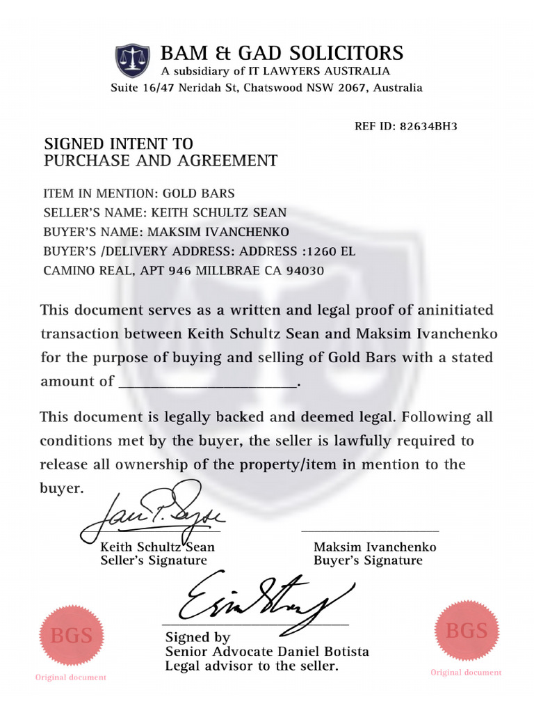 Signed Intent To Purchase Gold Bars and Agreement | PDF