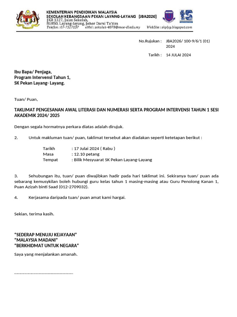 1 SURAT Panggilan Taklimat Intervensi Tahun 1 | PDF