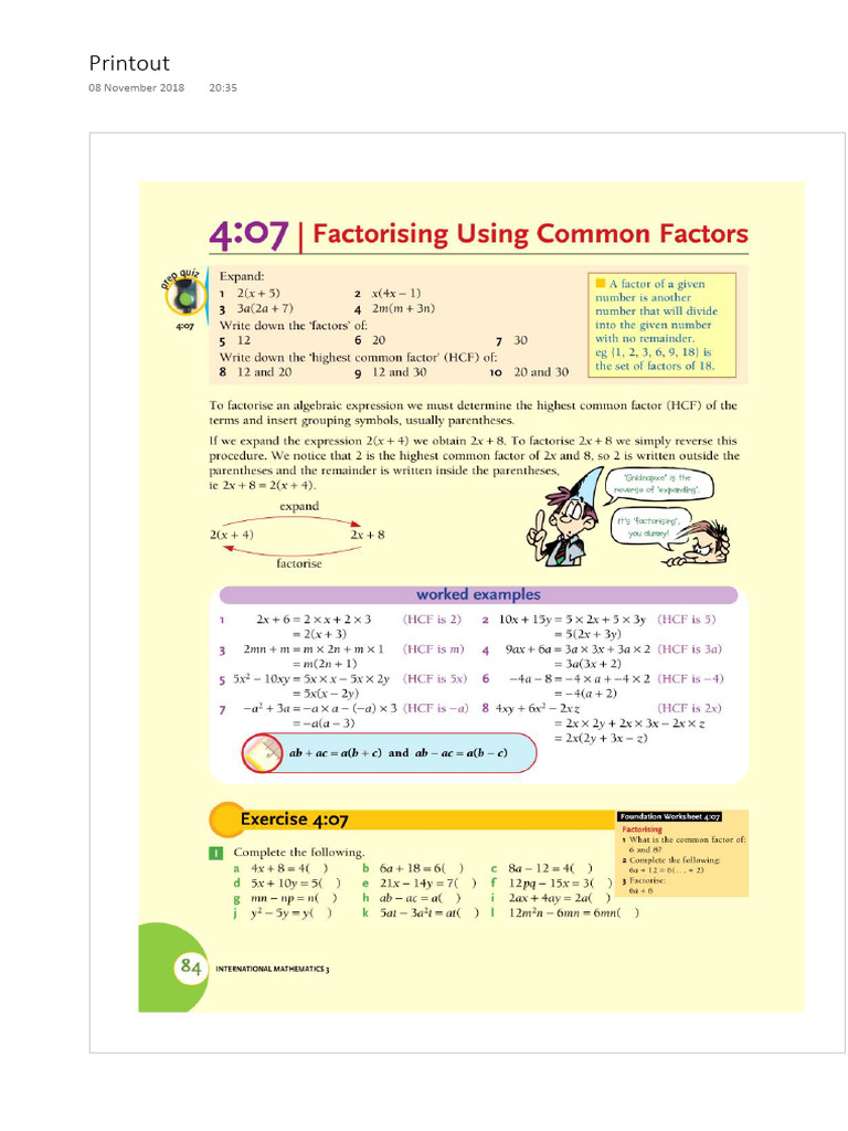 4.07 Factorising Using Common Factors | PDF