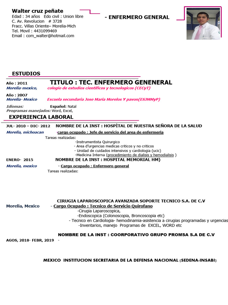 Titulo: Tec. Enfermero Geneneral: Walter Cruz Peñate - Enfermero General | PDF | Enfermería ...