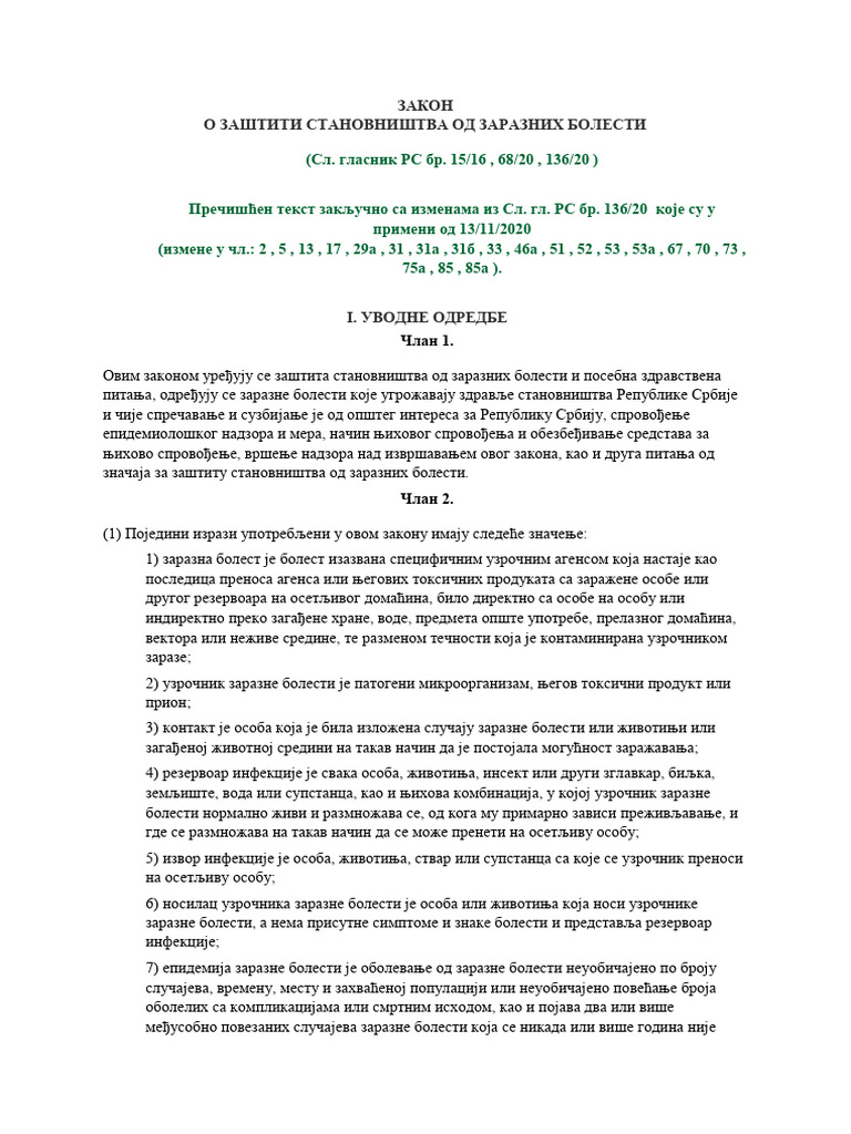 Zakon o zastiti stanovnistva od zaraznih bolesti 16.11. | PDF