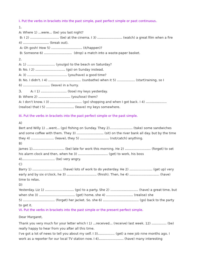 Past Tense Verb Exercises | PDF