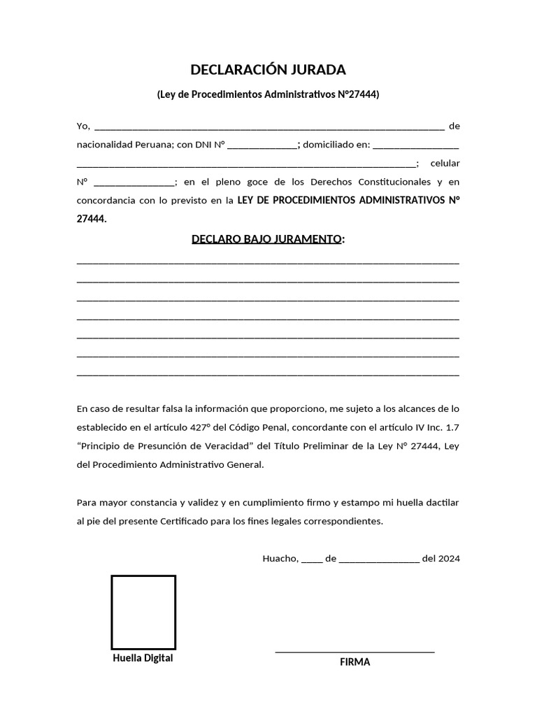 Declaracion Jurada Formato. | PDF