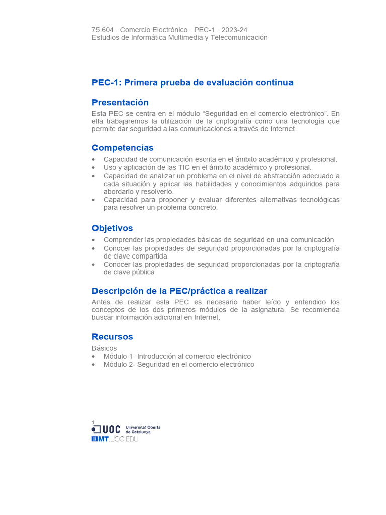 PEC1 Ce | PDF | Clave (criptografía) | Criptografía de clave pública