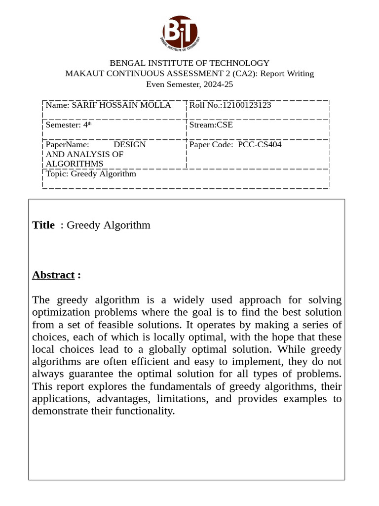 12100123123 Sarif Hossain.pdf(Daa) | PDF | Dynamic Programming | Mathematical Optimization
