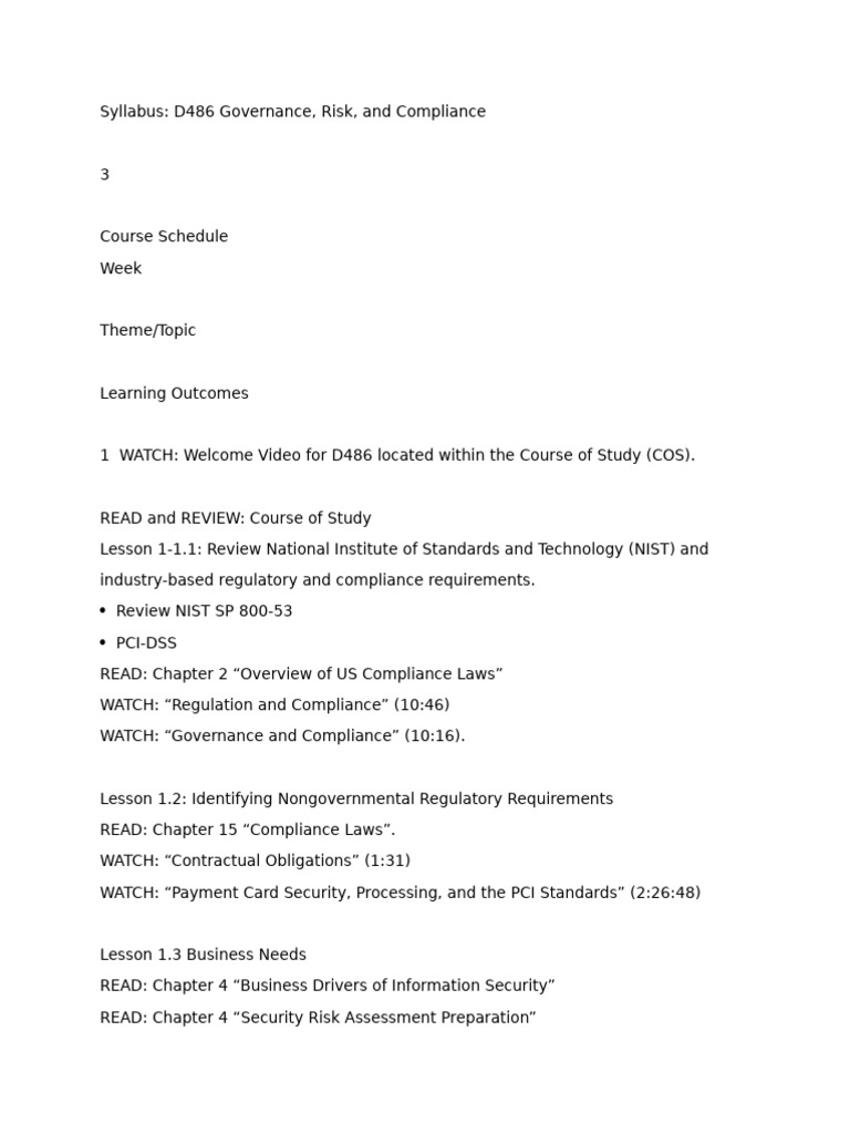Syllabus D486 Governance, Risk, and Compliance | PDF