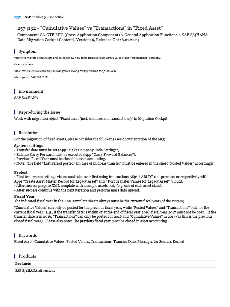 Cumulative Values in Fixed Asset Migration | PDF