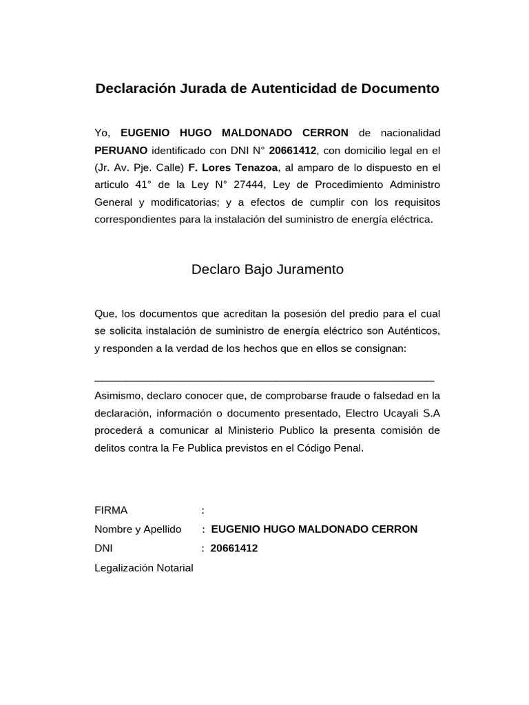 Declaración Jurada de Autenticidad de Documento | PDF