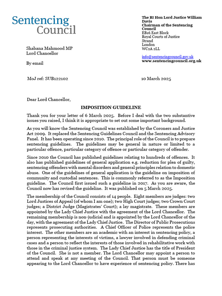 Letter From Lord Justice William Davis To Lord Chancellor On Imposition ...