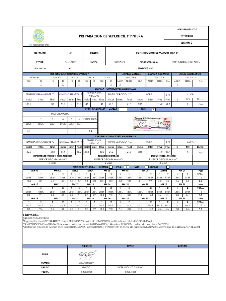 Informe Aplicacion de Pintura y Perfil de Anclaje Yuv Mr Ing | PDF ...