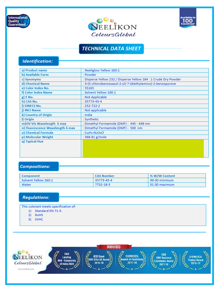 046P0403 TDS Neeliglow Solvent Yellow 160 1 | PDF | Solvent | Solubility