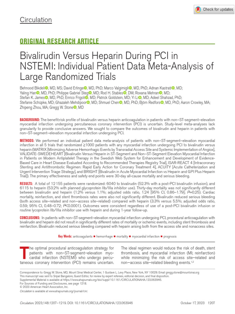 2023 Bivalirudin in NSTEMI PCI | PDF | Percutaneous Coronary ...