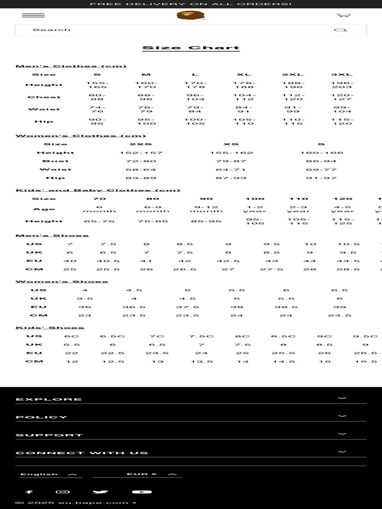 Size Chart – Eu.bape.Com | PDF | Clothing