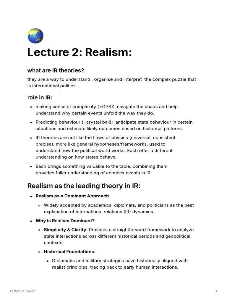 1eb Lecture 2 Realism | PDF | Polarity (International Relations) | Hegemony