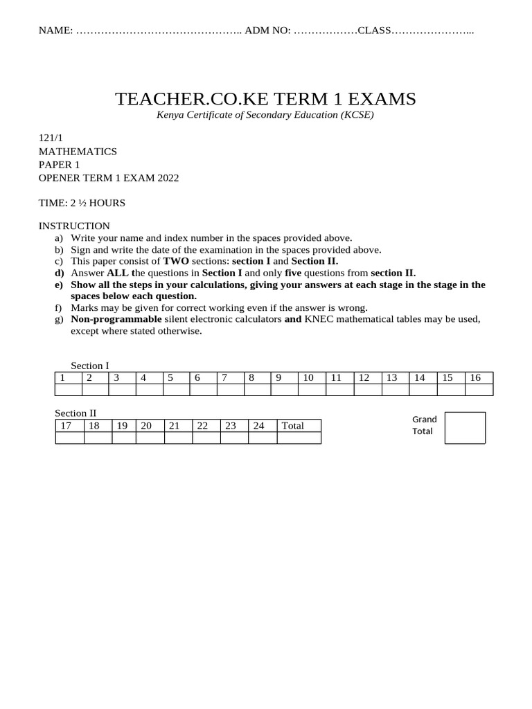 Mathematics PP1 Form 4 Term 1 Opener 2022 QN | PDF | Cartesian ...