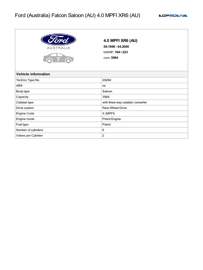 AU Falcon XR6 4.0 Specs Overview | PDF