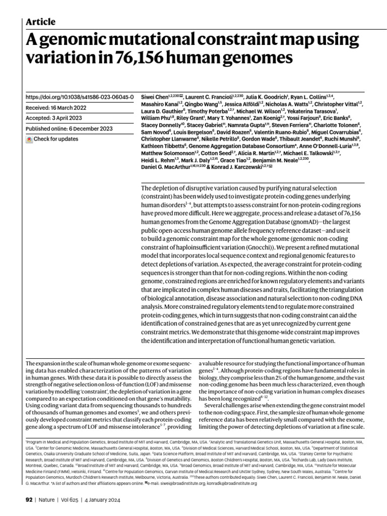 A genomic mutational constraint map using variation in 76,156 human genomes. | PDF | Mutation | Gene