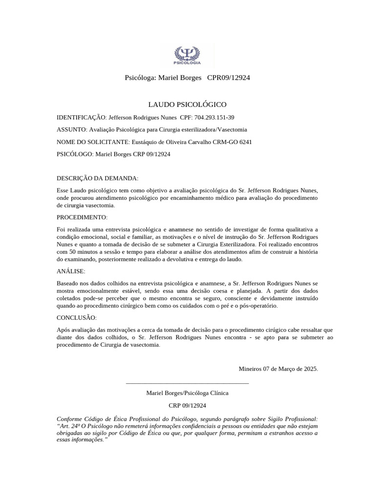 Laudo de Vacetomia - Hudson Pereira Santos | PDF