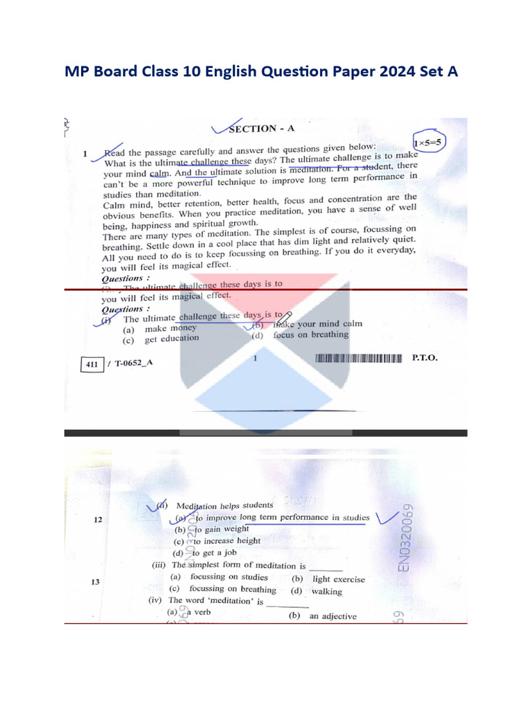 MP Board Class 10 English Paper 2024 | PDF
