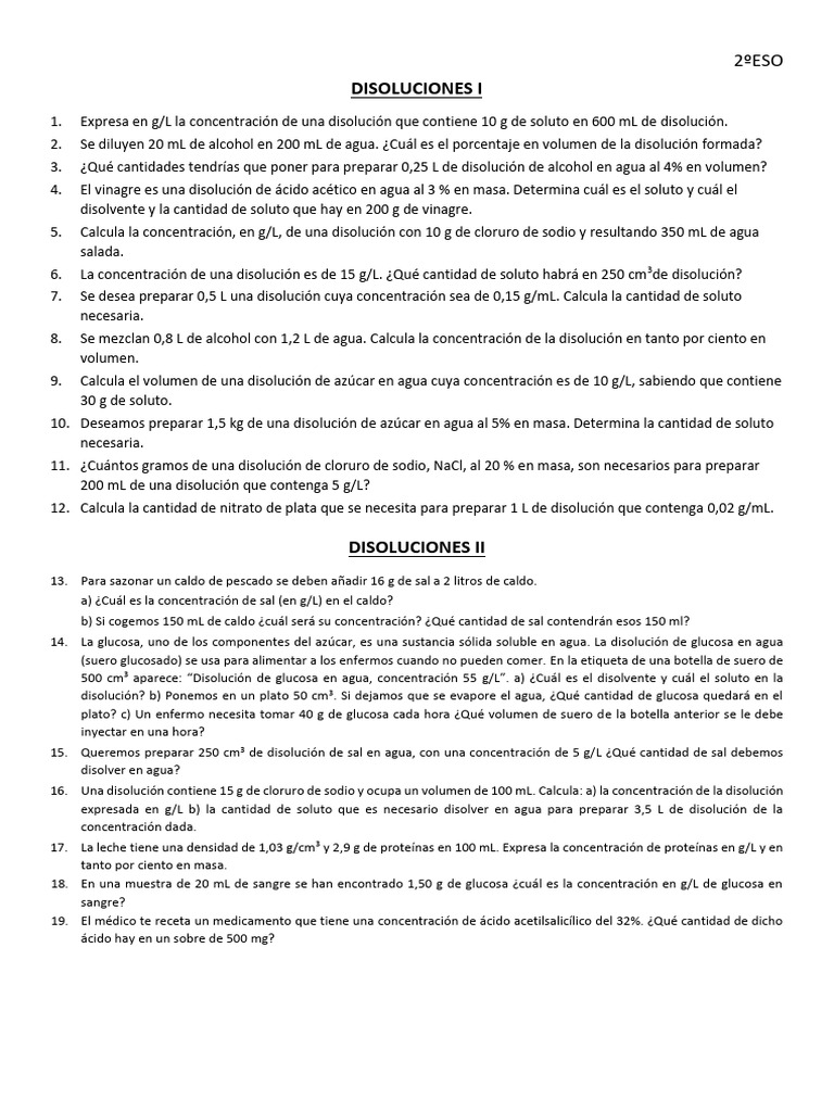 EJERCICIOS DISOLUCIONES_2ºeso | PDF | Concentración | Sustancias químicas