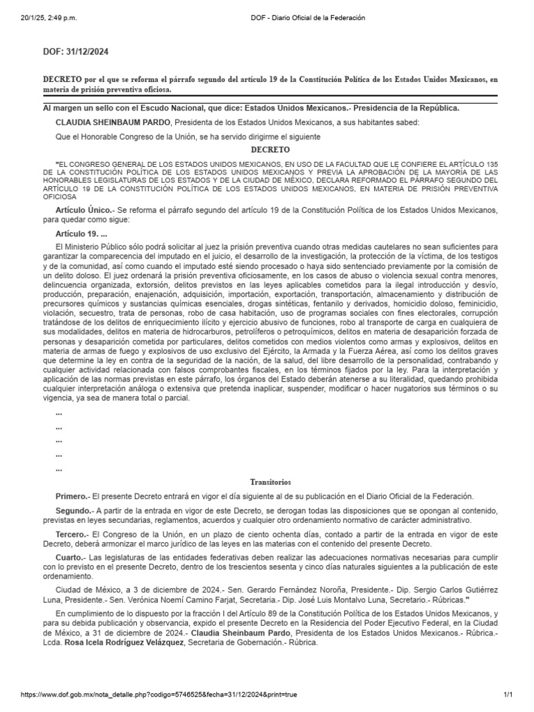 DOF - Diario Oficial de La Federación - Reforma Art 19 Constitucional ...