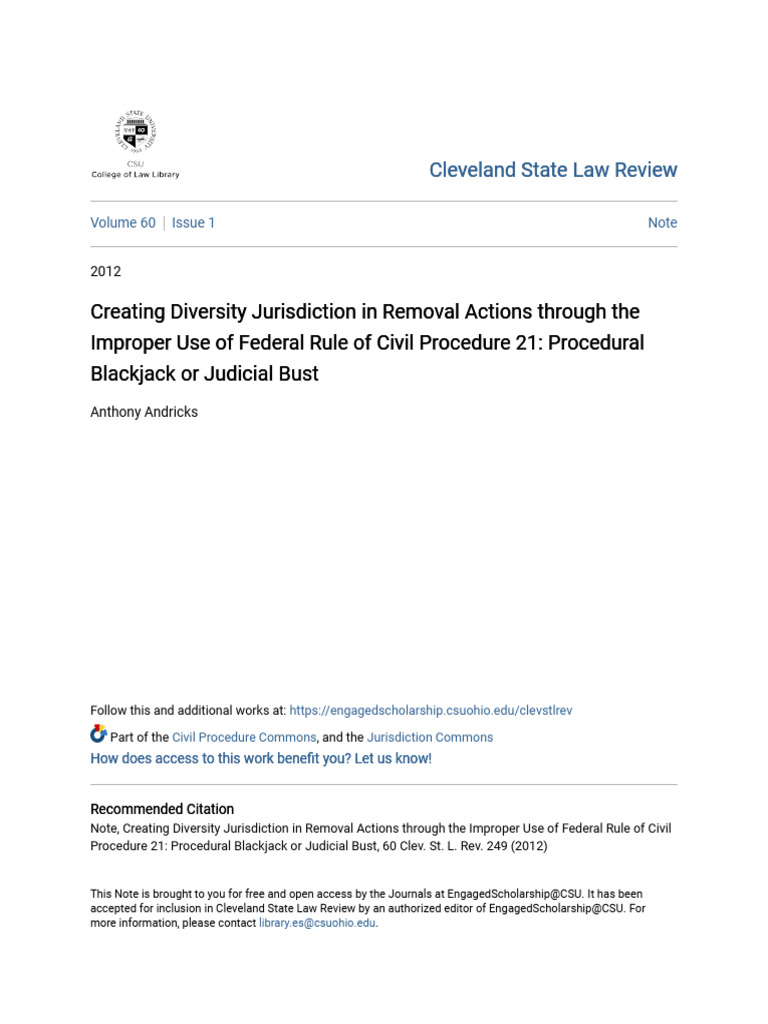 Creating Diversity Jurisdiction in Removal Actions Through The Im | PDF ...