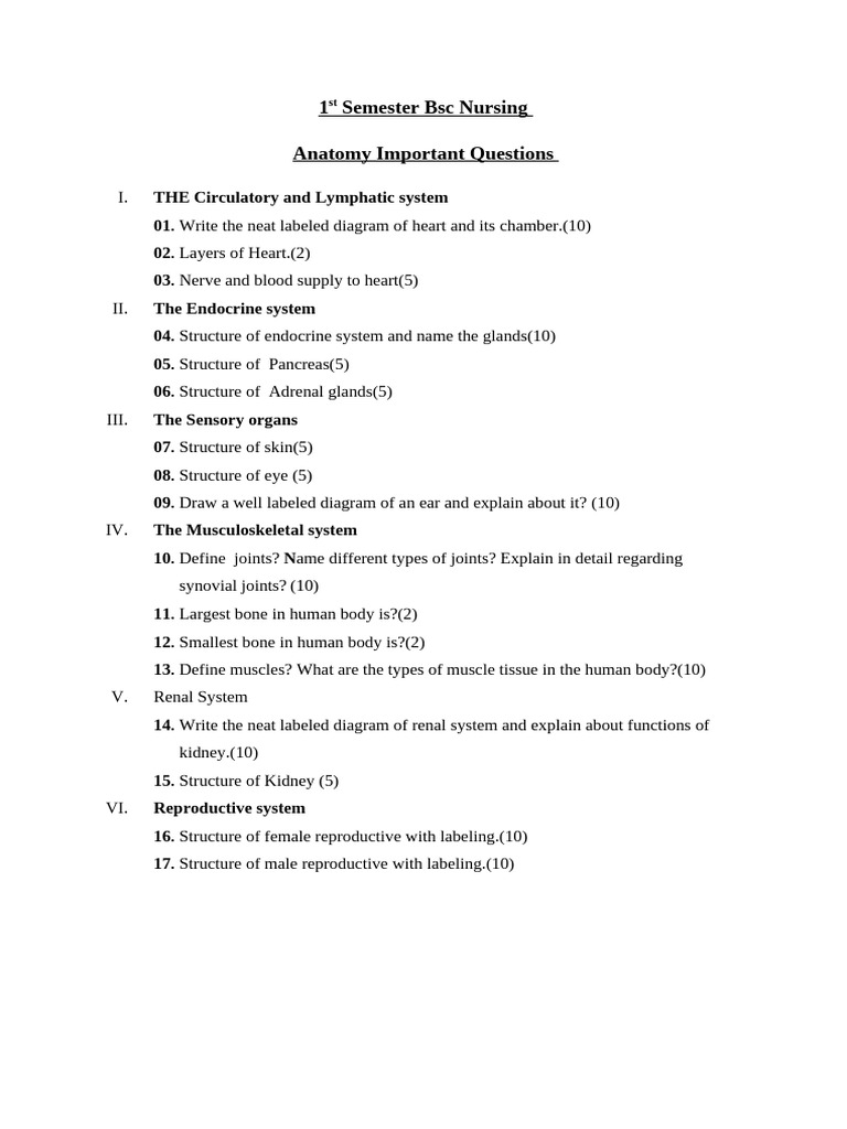 Anatomy Important Questions for BSc Nursing | PDF