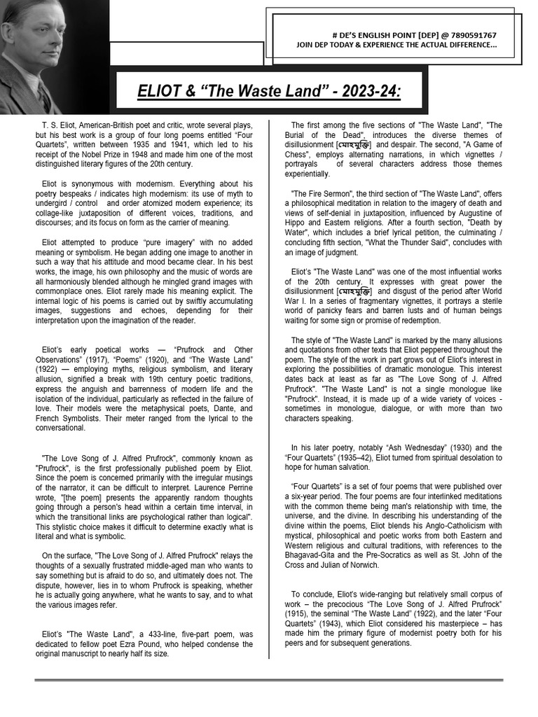 Eliot and The Waste Land - 2023-24 | PDF | T. S. Eliot | Poetry