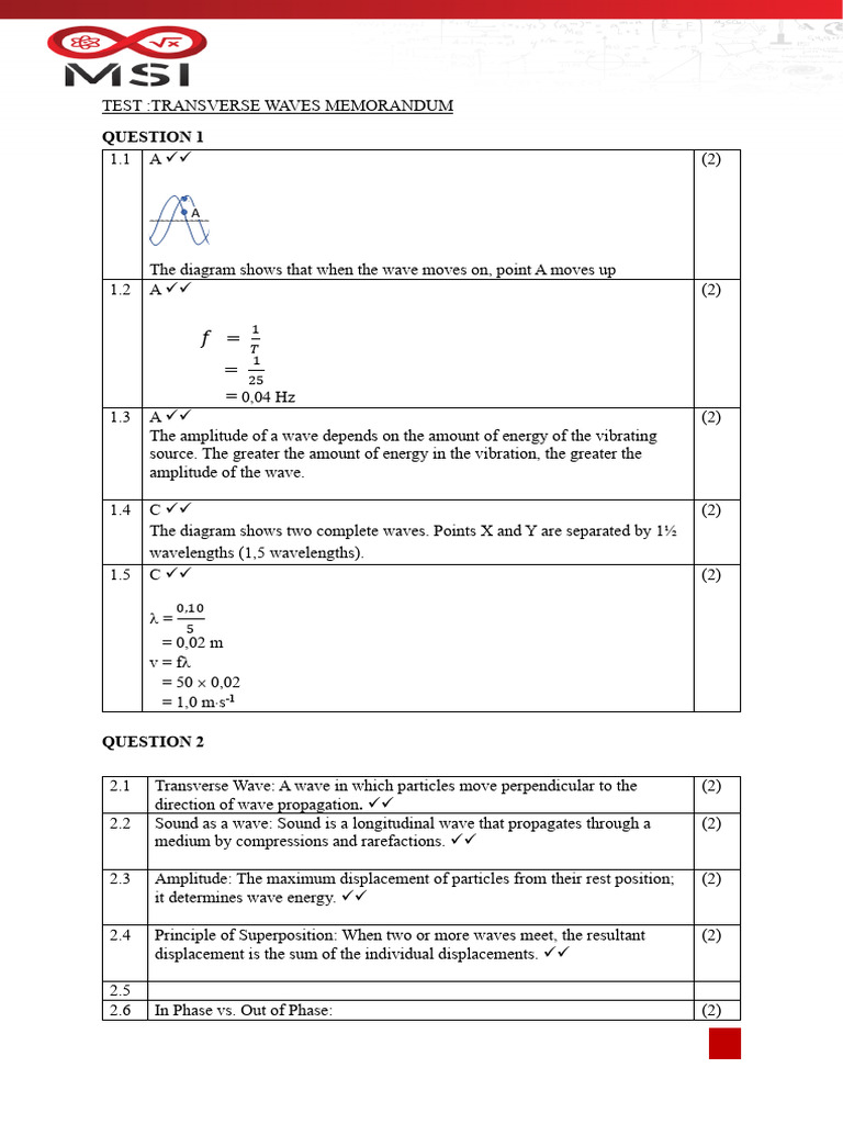 TRANSVERSE WAVE MEMO | PDF | Waves | Wavelength