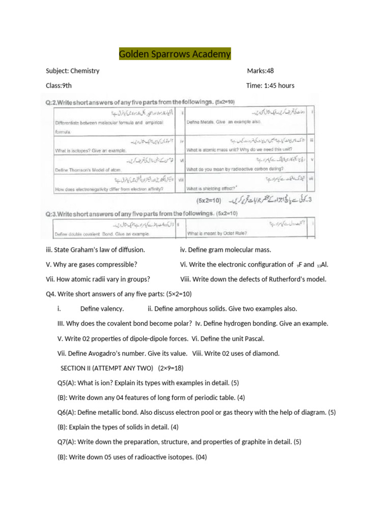 9th Chem.5 Chaps. Paper | PDF