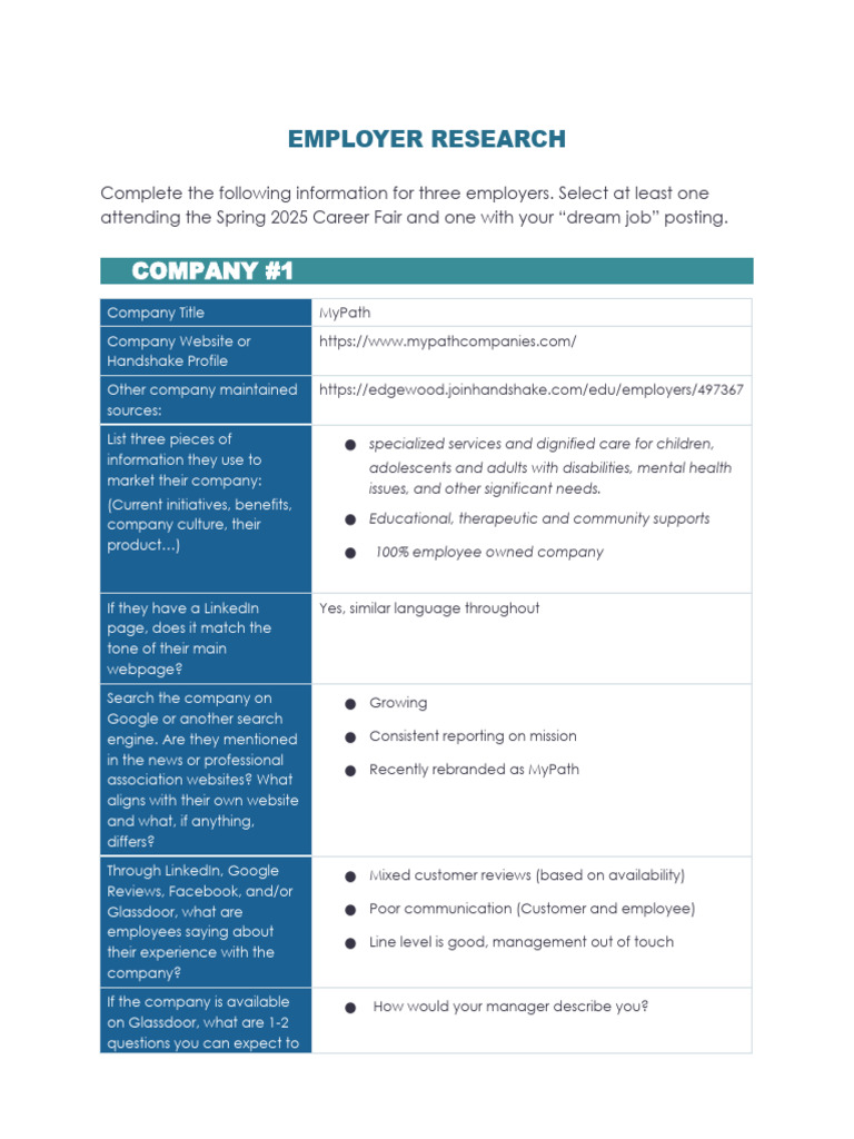 IC 220 - Employer Research Worksheet - Bennett | PDF | Linked In