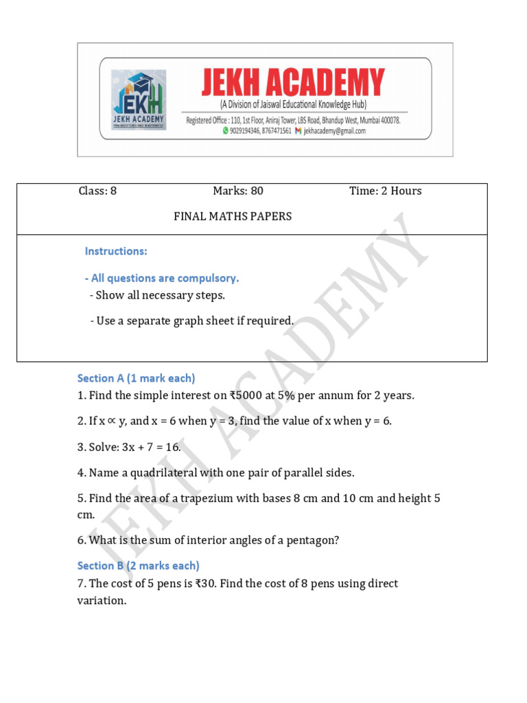 Class8 Math Paper | PDF | Area | Elementary Geometry