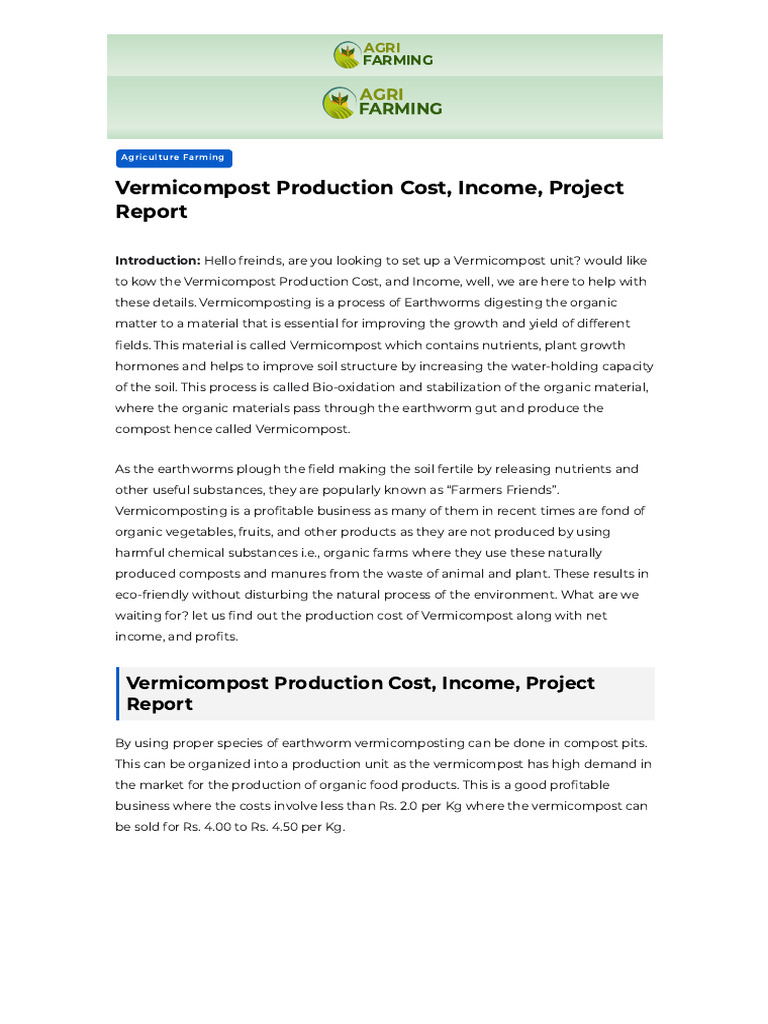 Vermicompost Production Cost, Income, Project Report _ Agri Farming ...
