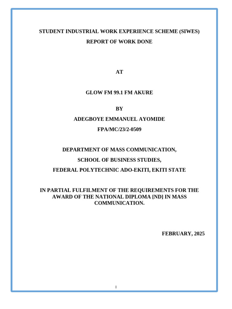 SIWES FRONT PAGE | PDF