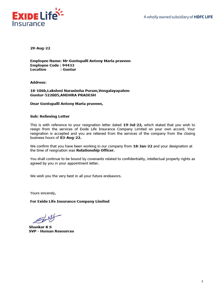 Exide Relieving Letter for Employee | PDF