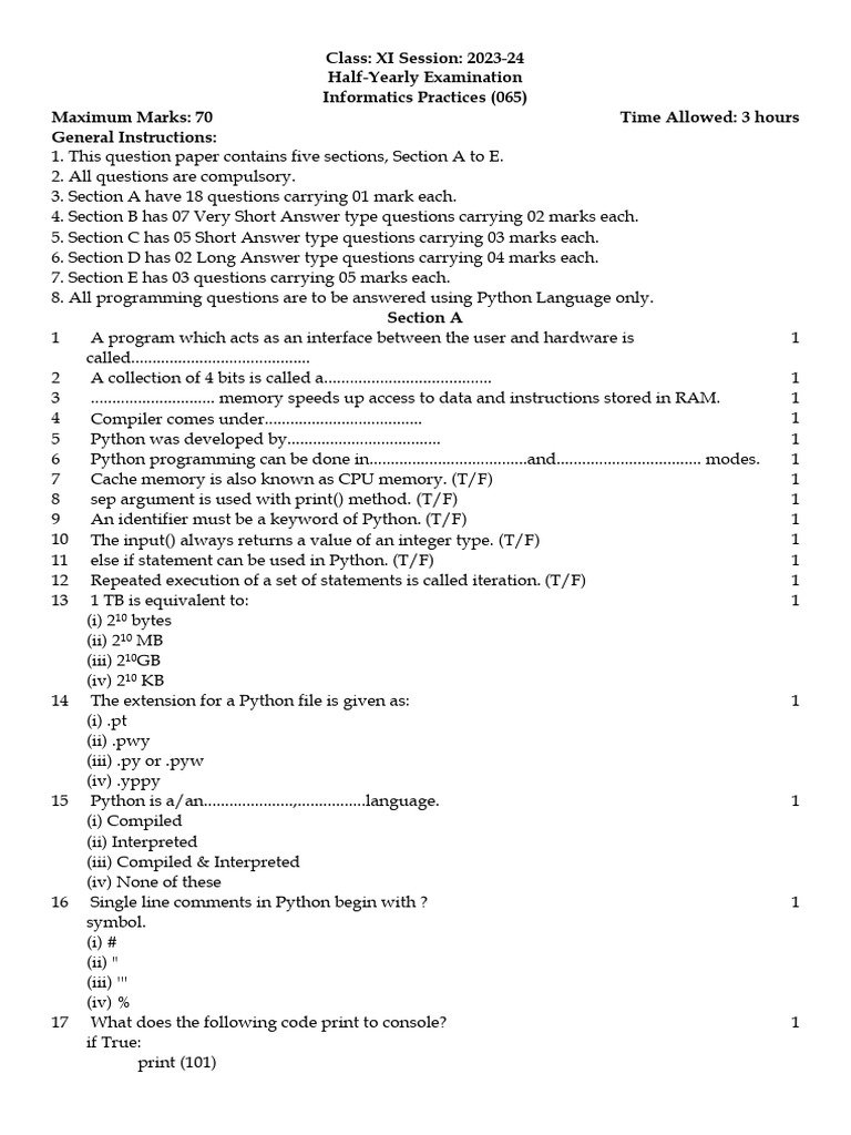 Class XI Session 2023-24 Half-Yearly Examination Informatics Practices | PDF | Python ...