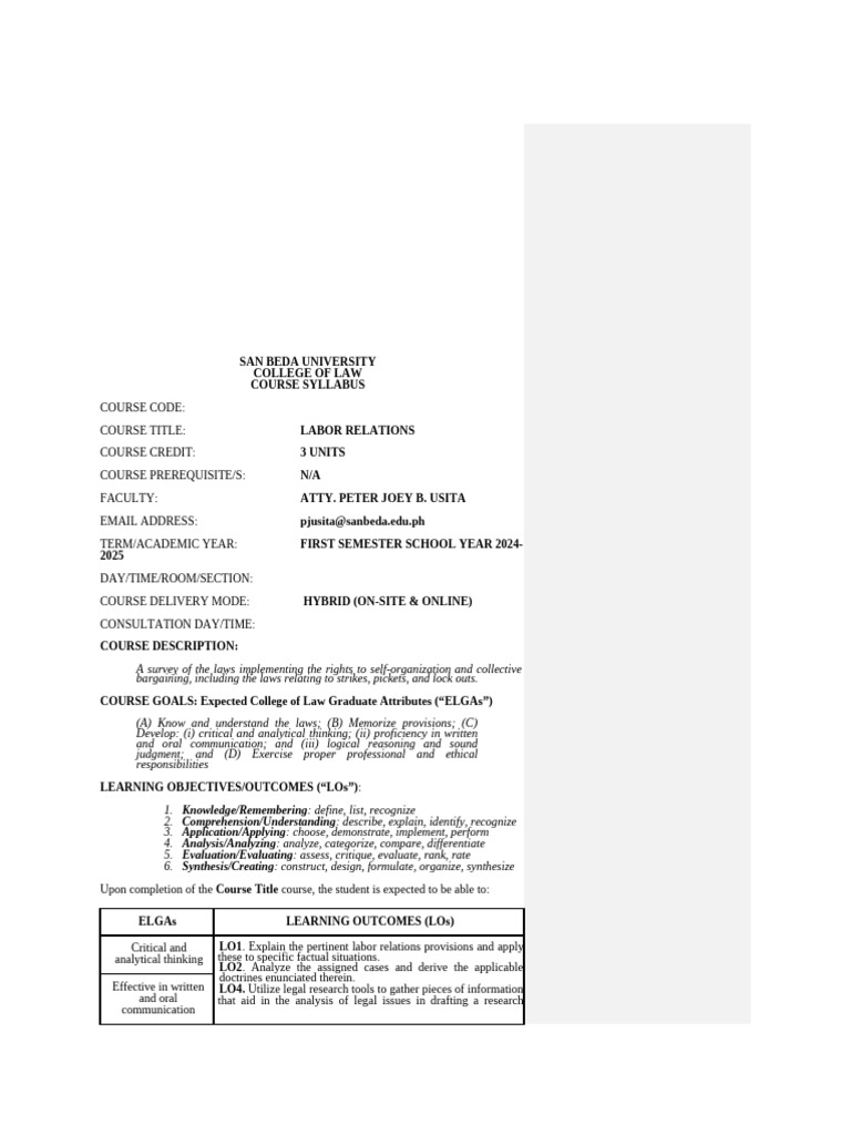 Labrel Syllabus 2024-2025 | PDF | Appeal | Collective Bargaining