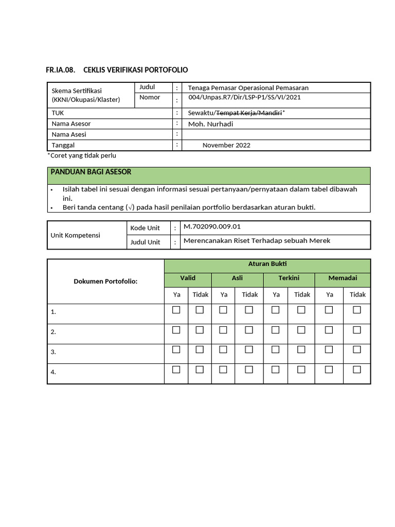 15. FR.IA.08 Ceklis Verifikasi Portofolio | PDF