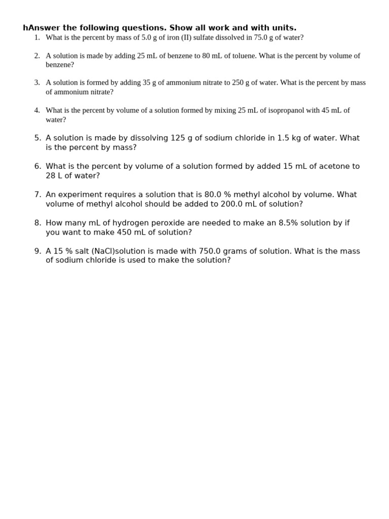 Calculating Percent by Mass or Percent by Volume | PDF