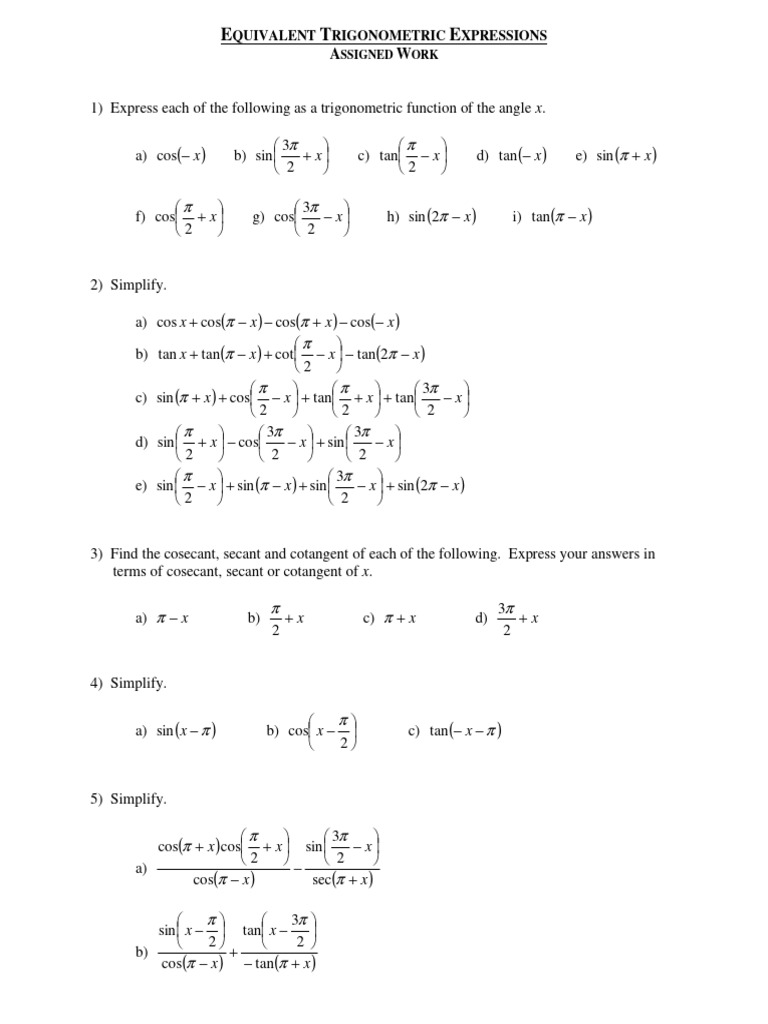 01 - Equivalent Trigonometric Expressions - Assigned Work | PDF