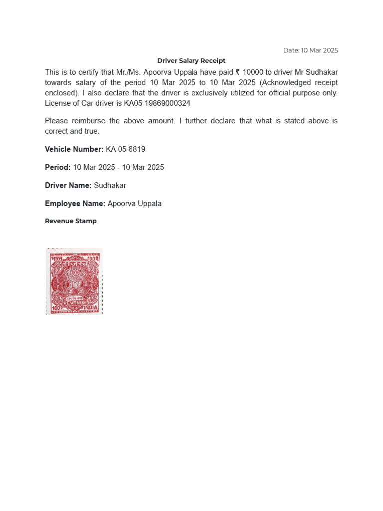 Driver Salary Receipt for March 2025 | PDF