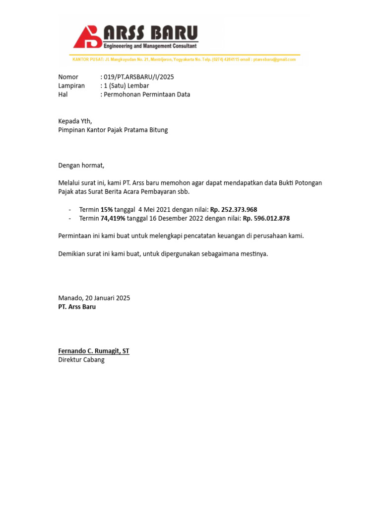 Permohonan Data Pajak PT. Arss Baru | PDF
