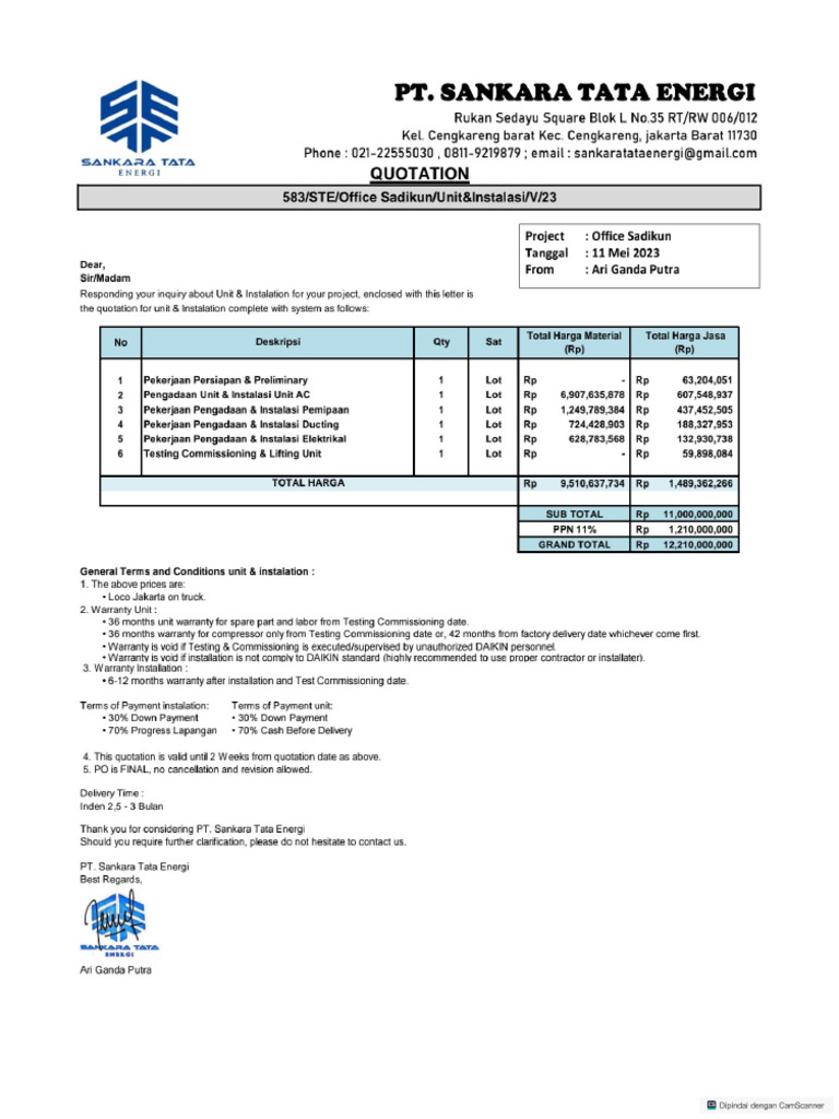 Quotation Unit & Instalation, Office Sadikun-1 | PDF
